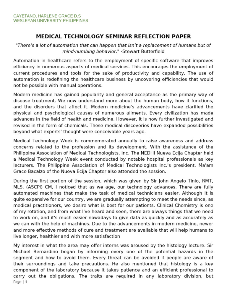 Medical Technology Seminar Reflection Paper | PDF | Malaria | Medicine