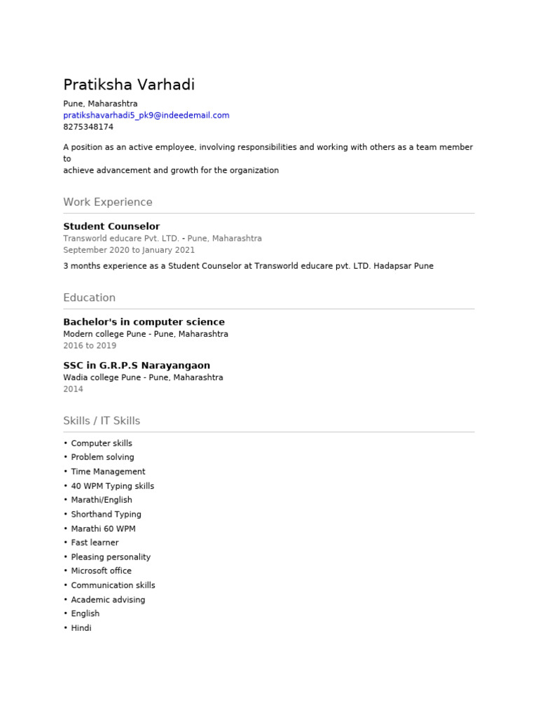 Resume Pratiksha Varhadi | PDF | Career & Growth