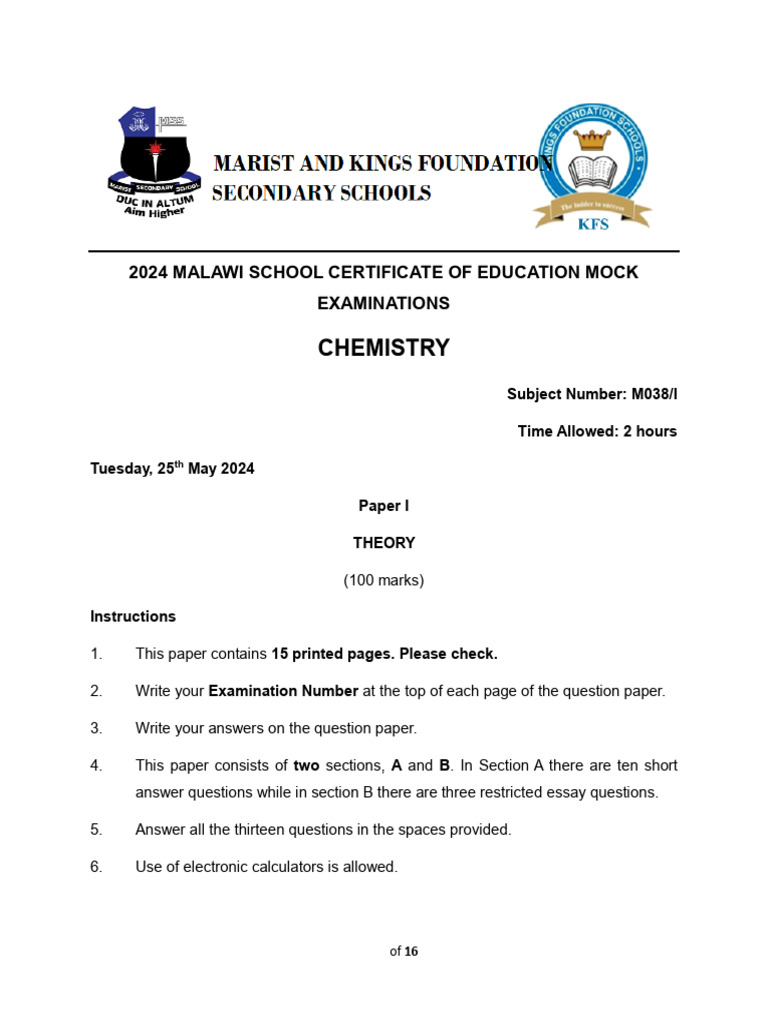 2024 - Chemistry Paper I | PDF | Chemical Reactions | Chlorine