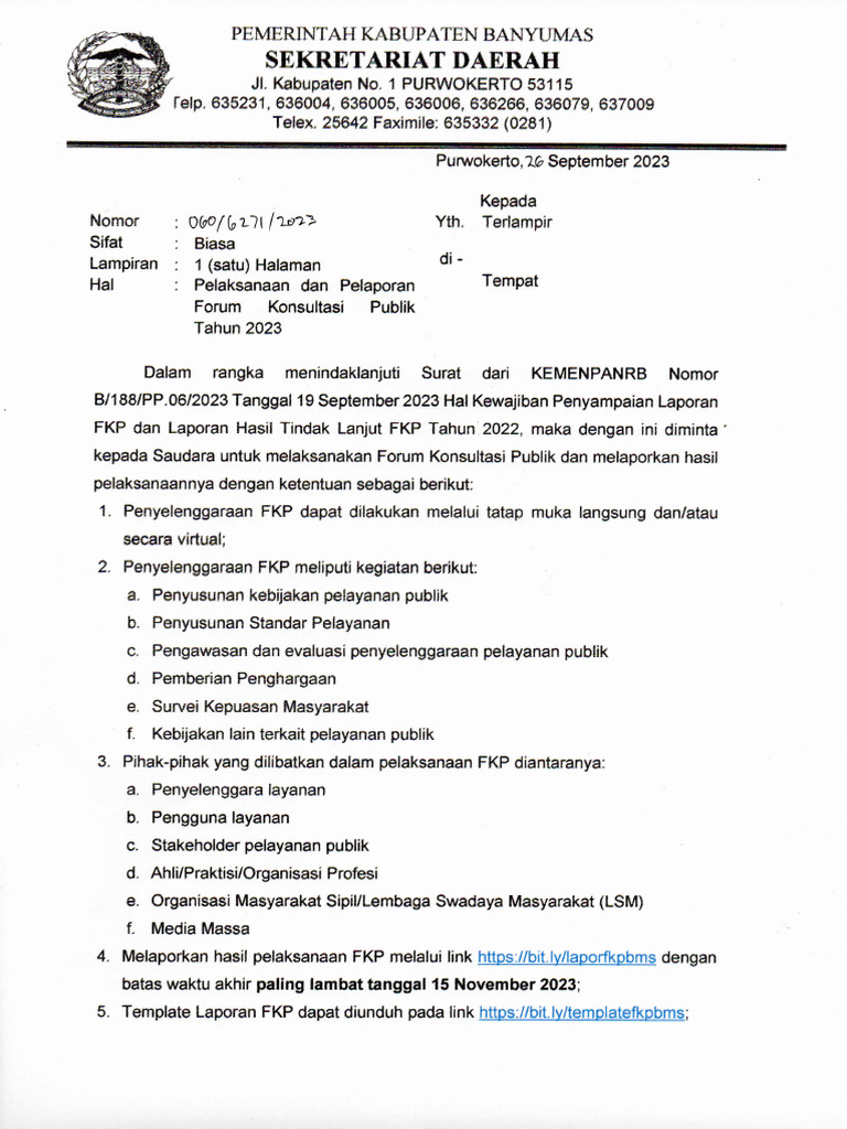 Surat Pelaksanaan Dan Pelaporan FKP Tahun 2023 | PDF
