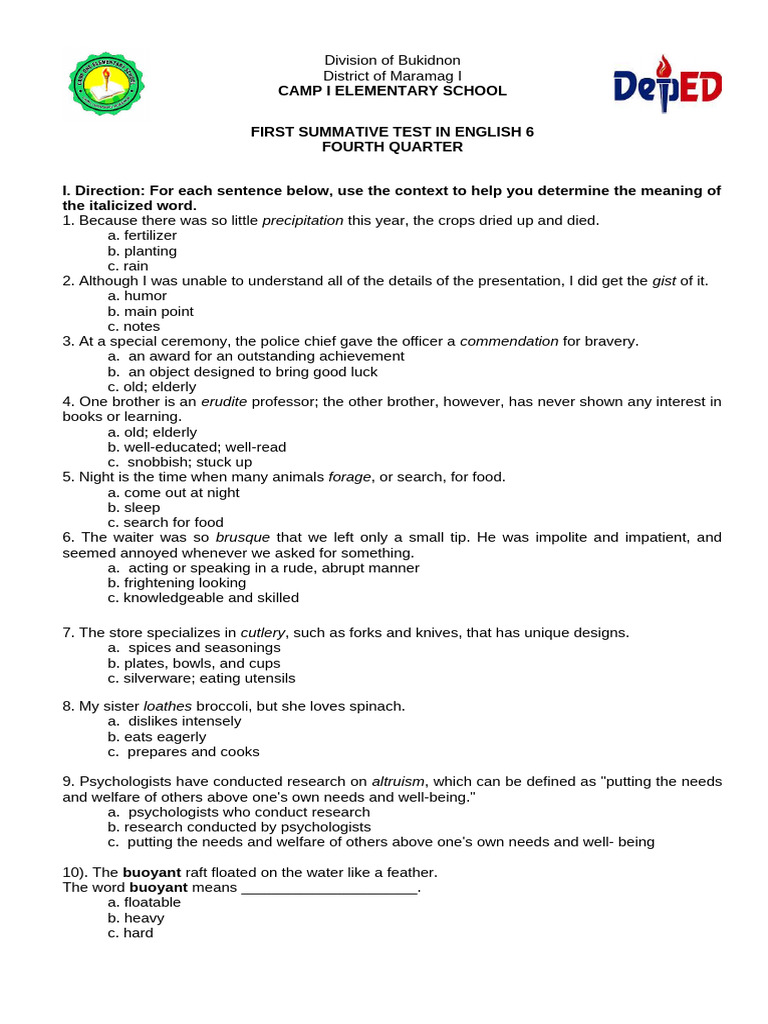 4TH Quarter Summative 1 in English | PDF | Science