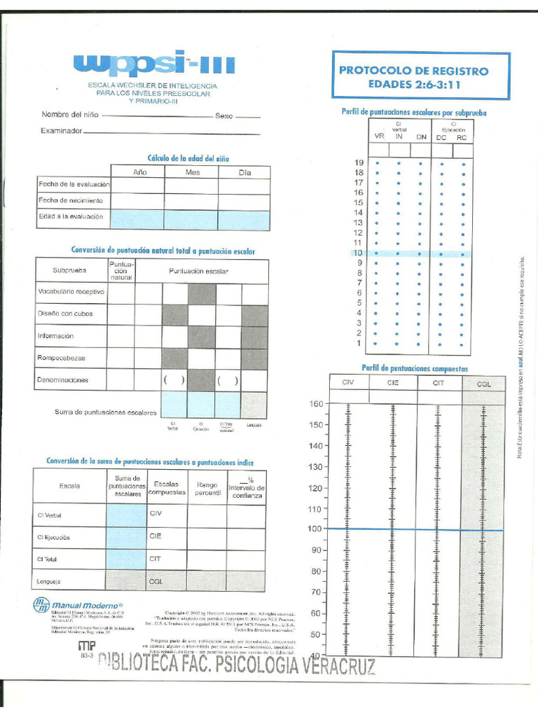 PROTOCOLO DE REGISTRO EDADES 2.6 A 3.11 WPPSI III | PDF