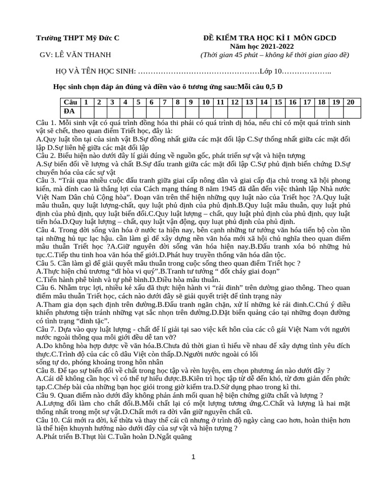 ĐỀ HKI K10 chuan | PDF