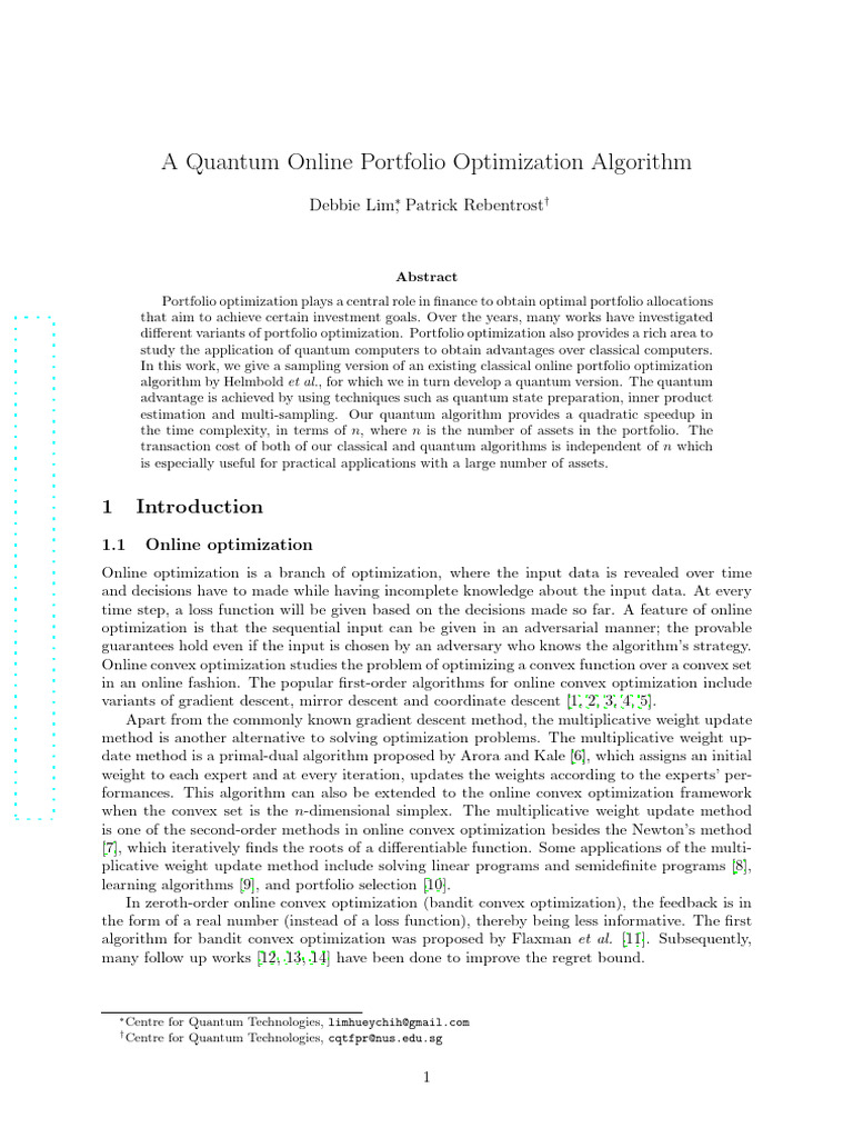 A Quantum Online Portfolio Optimization Algorithm: Debbie Lim, Patrick Rebentrost | PDF ...