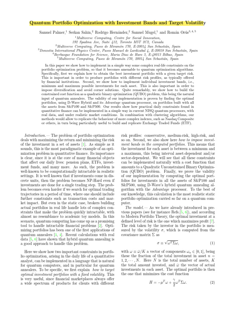 Quantum Portfolio Optimization With Investment Bands and Target Volatility | PDF | Mathematical ...