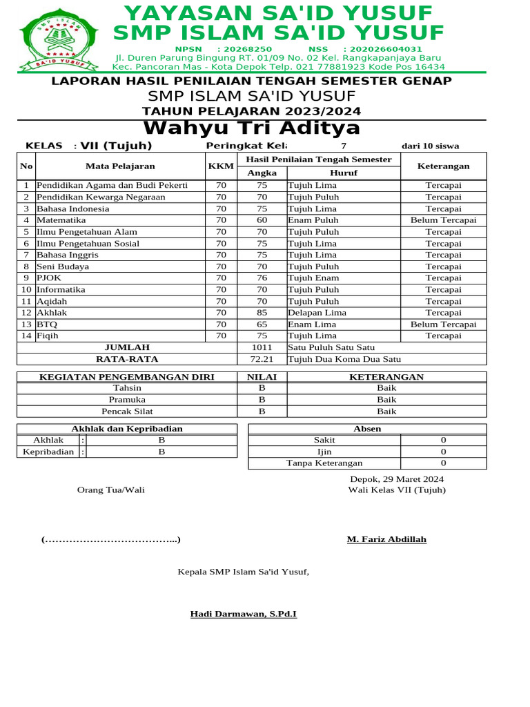 Raport PTS Genap Kelas VII 2023-2024 | PDF