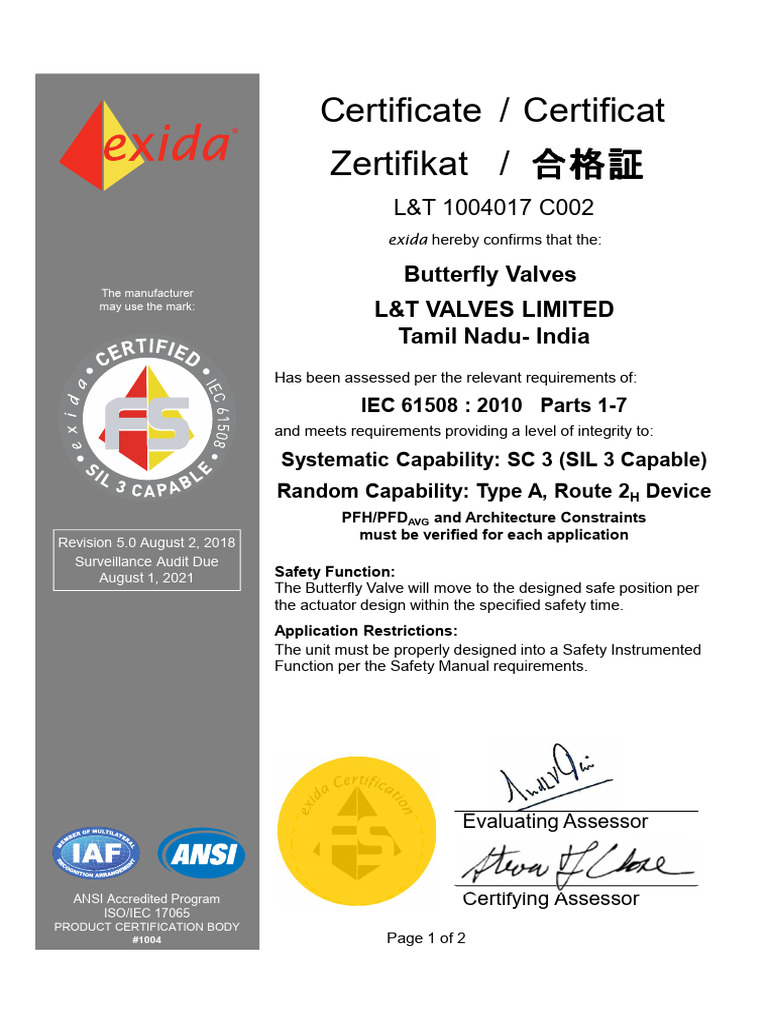 Butterfly Valves SIL 3 Certification | PDF | Systems Thinking | Safety