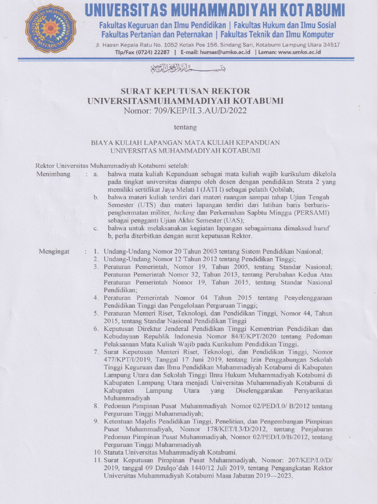 SK No.709 Biaya Kuliah MK Kepanduan | PDF