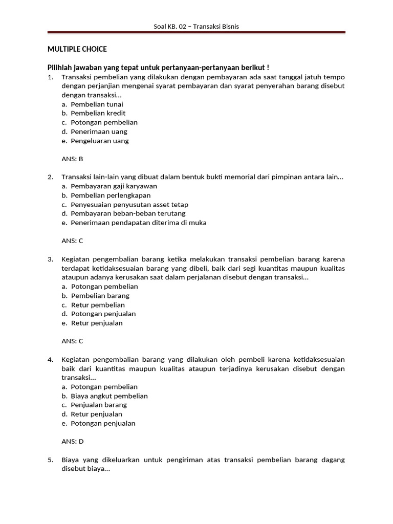 Soal KB.02 - Transaksi Bisnis | PDF | Pengelolaan Keuangan & Uang