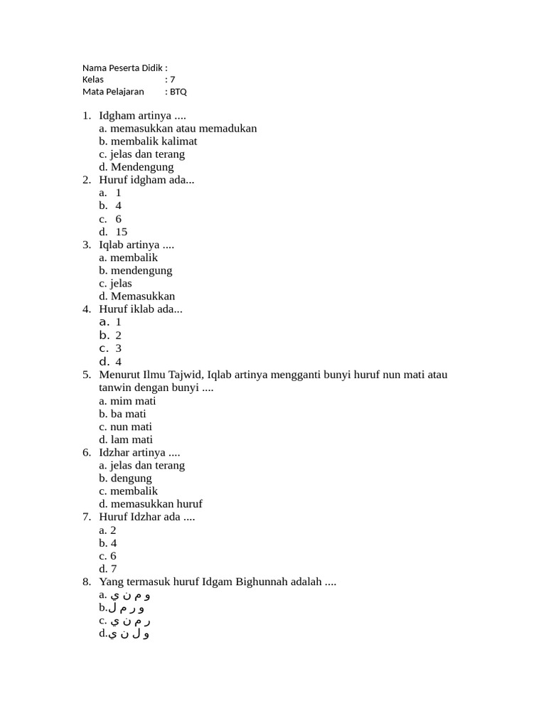 Soal BTQ Kelas 1 SMP | PDF
