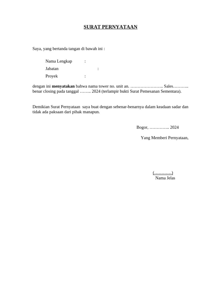 Surat Pernyataan Closing 291024 | PDF