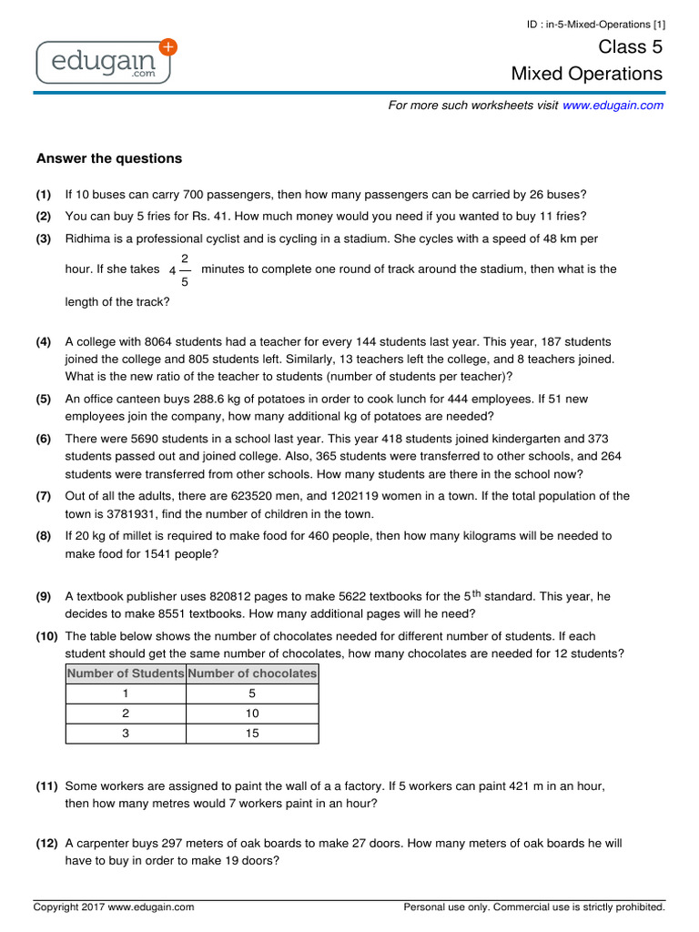 Grade 5 Mixed Operations in | PDF | Metrology