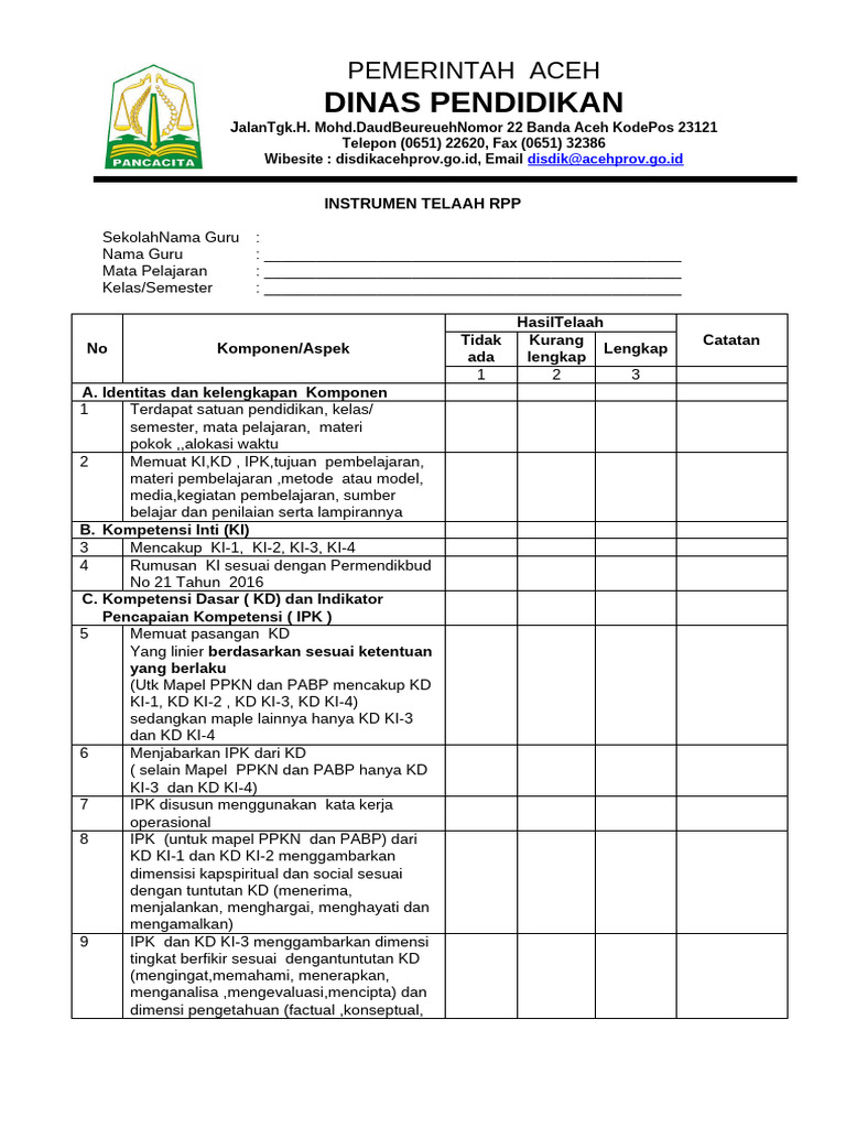 Instrumen Telaah RPP | PDF
