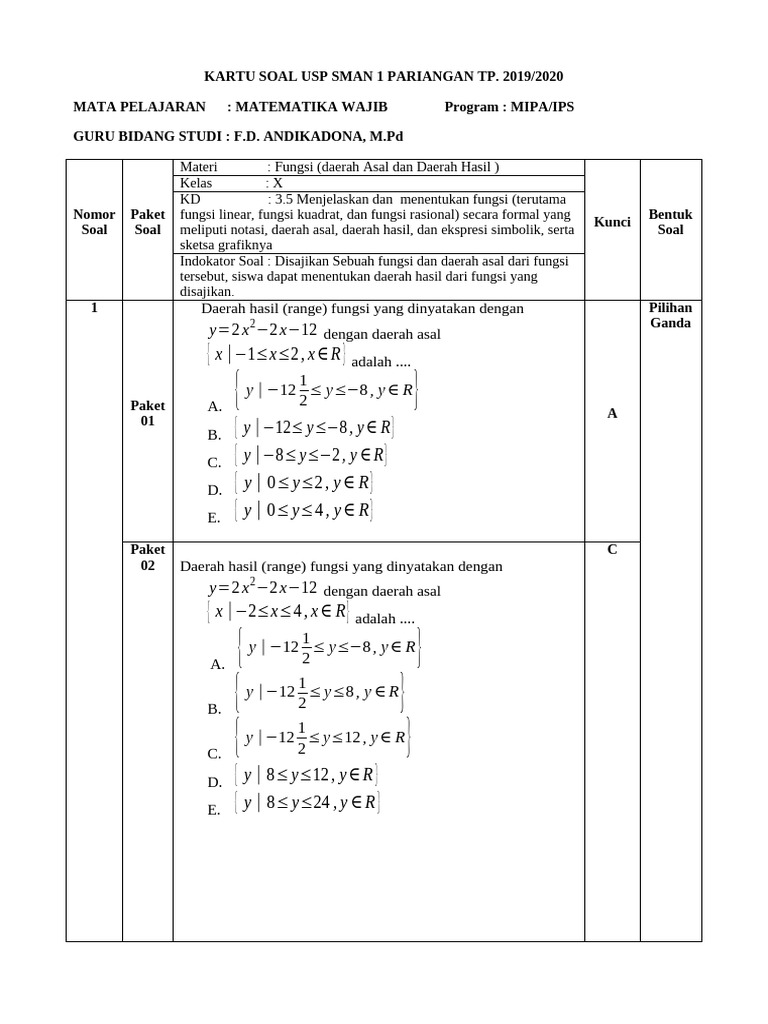 KARTU SOAL Matematika Wajib IPA-IPS USP SMAN 1 PARIANGAN TP 2019-2020 | PDF
