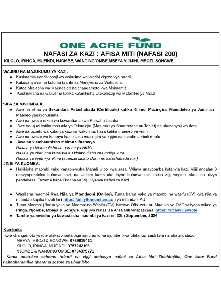 Nafasi Za Kazi - Afisa Miti (200) - OAF | PDF | Career & Growth