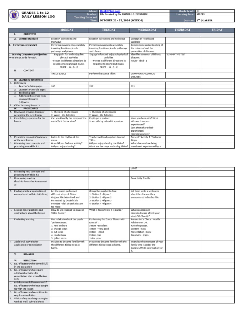DLL - Mapeh 3 - Q2 - W4 | PDF | Learning | Teachers