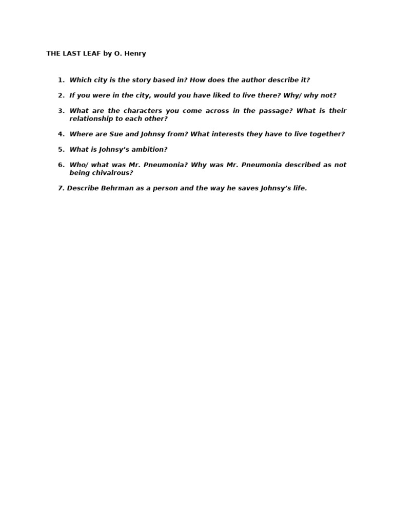 THE LAST LEAF by O. Henry Comprehension Questions | PDF | General Fiction
