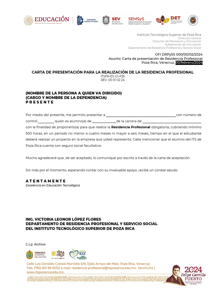 ITSPR-ES-G1-F35 Carta de Presentacion para La Realización de Residencia ...
