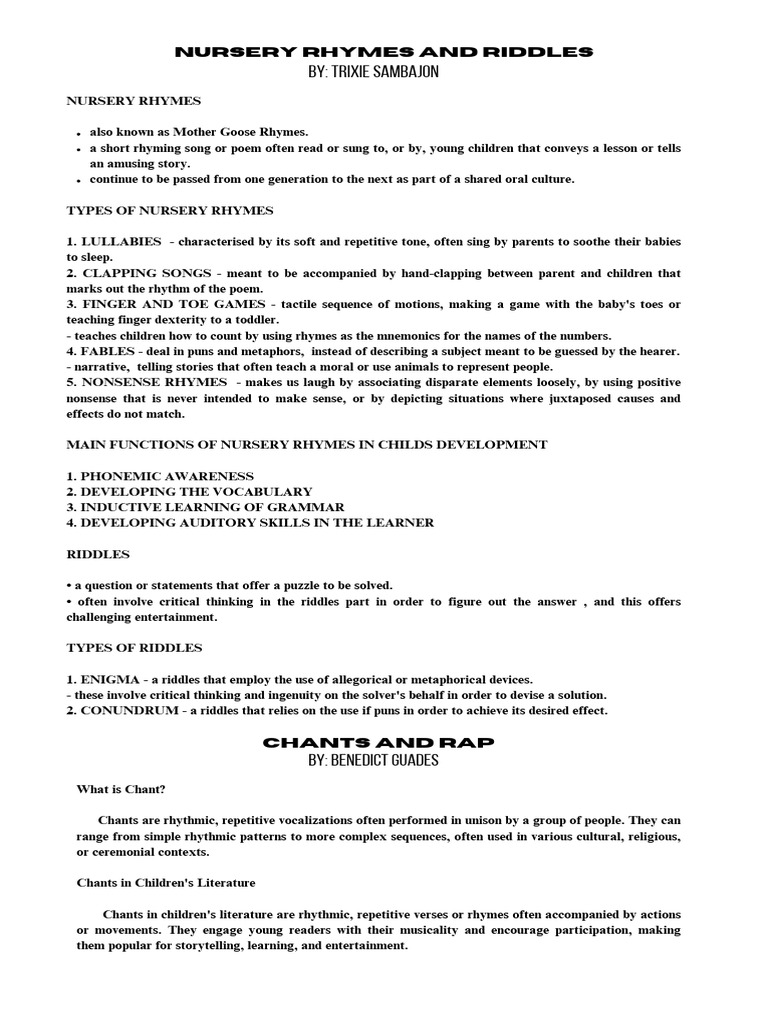 Nursery Rhymes and Riddles | PDF | Riddle | Rapping