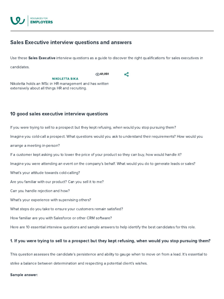 Sales Executive Interview Guide | PDF | Sales | Customer Relationship ...