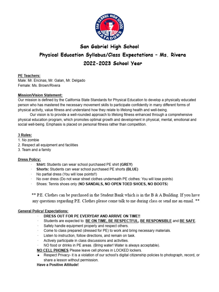 San Gabriel High School PE Syllabus 2022-23 | PDF | Physical Education