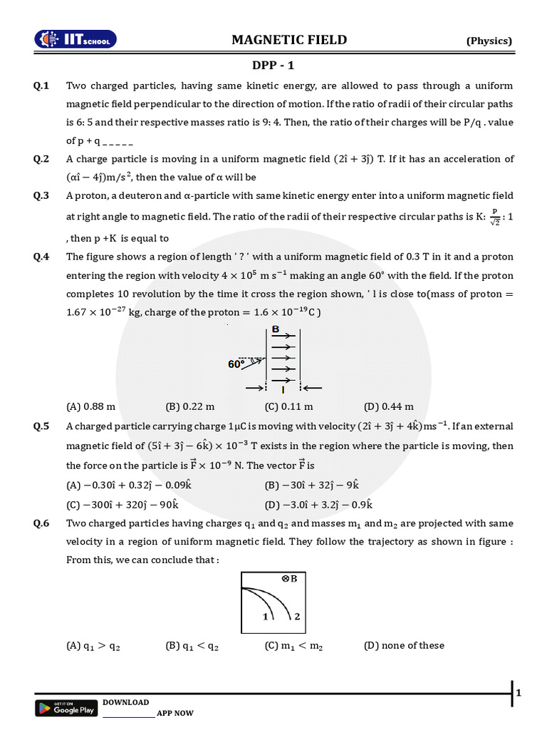 DPP - 01 - Motion of Charge Particle in A Magnetic Field | PDF | Magnetic Field | Proton