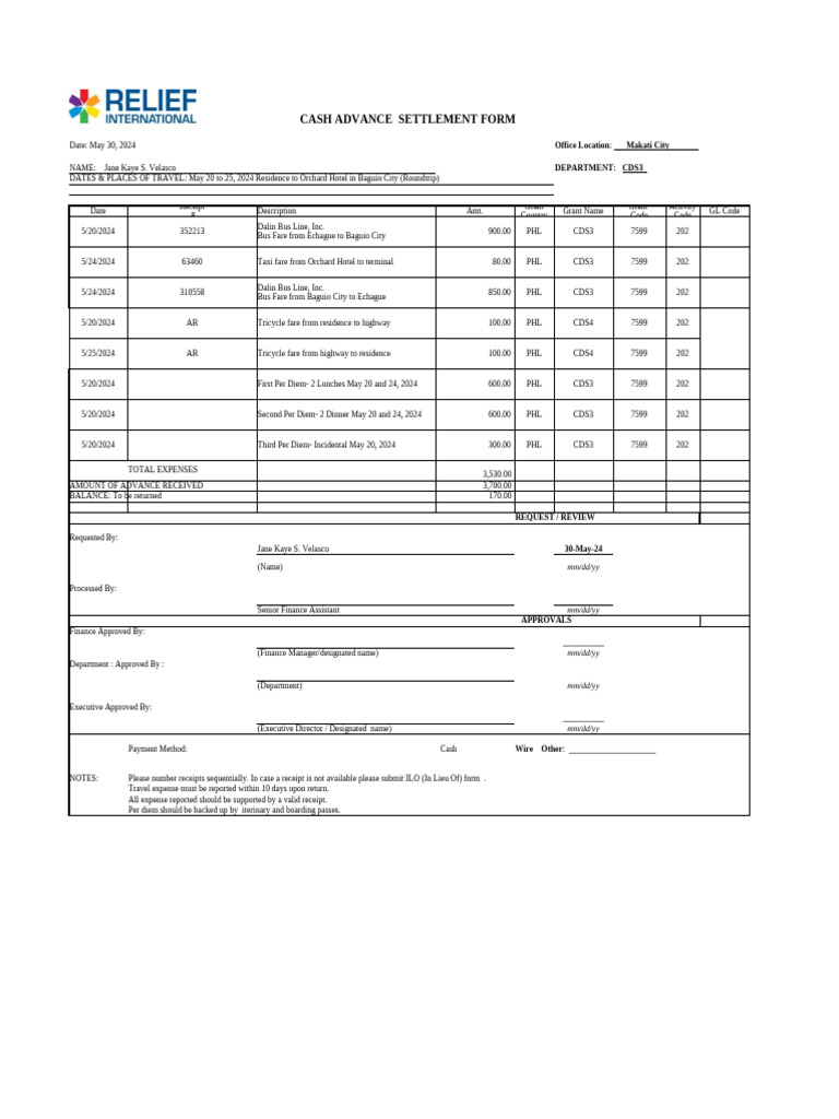 Cash Advance Settlement Form Velasco Jane Kaye | PDF | Per Diem