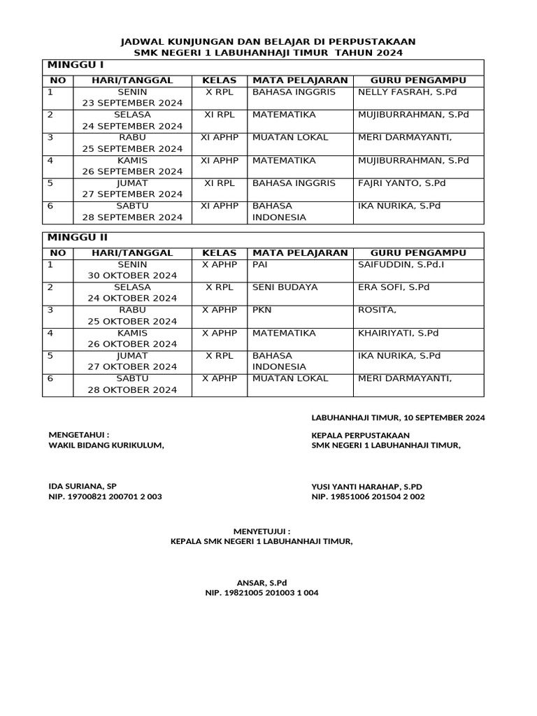 Jadwal Kunjungan Dan Belajar Di Perpustakaan | PDF
