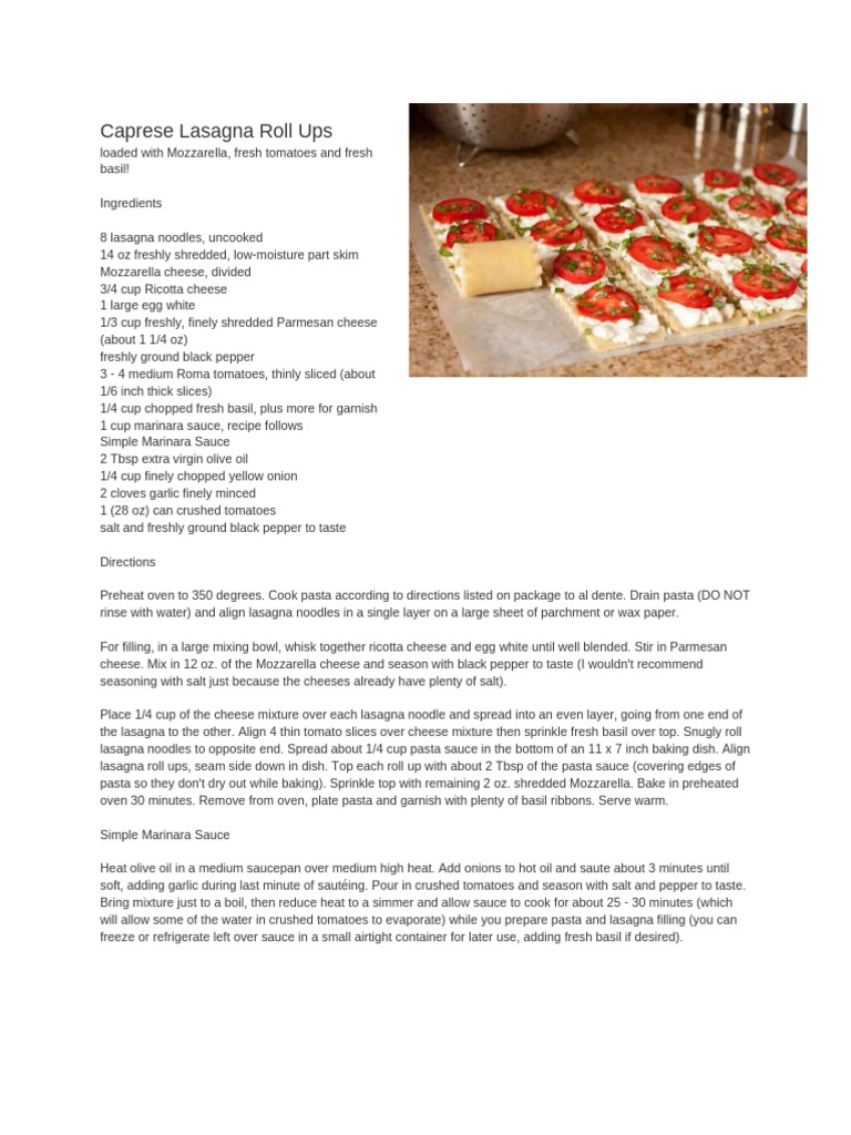 Caprese Lasagna Roll Ups | PDF | Pasta | Mozzarella