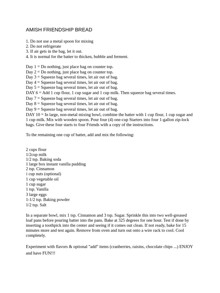 Amish Friendship Bread Instructions | PDF | Cooking, Food & Wine | Home ...