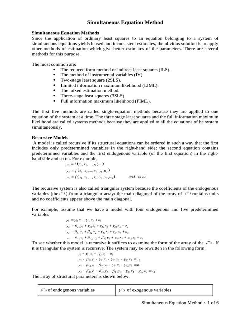 Simultaneous Equations Method | PDF | Ordinary Least Squares | Estimator