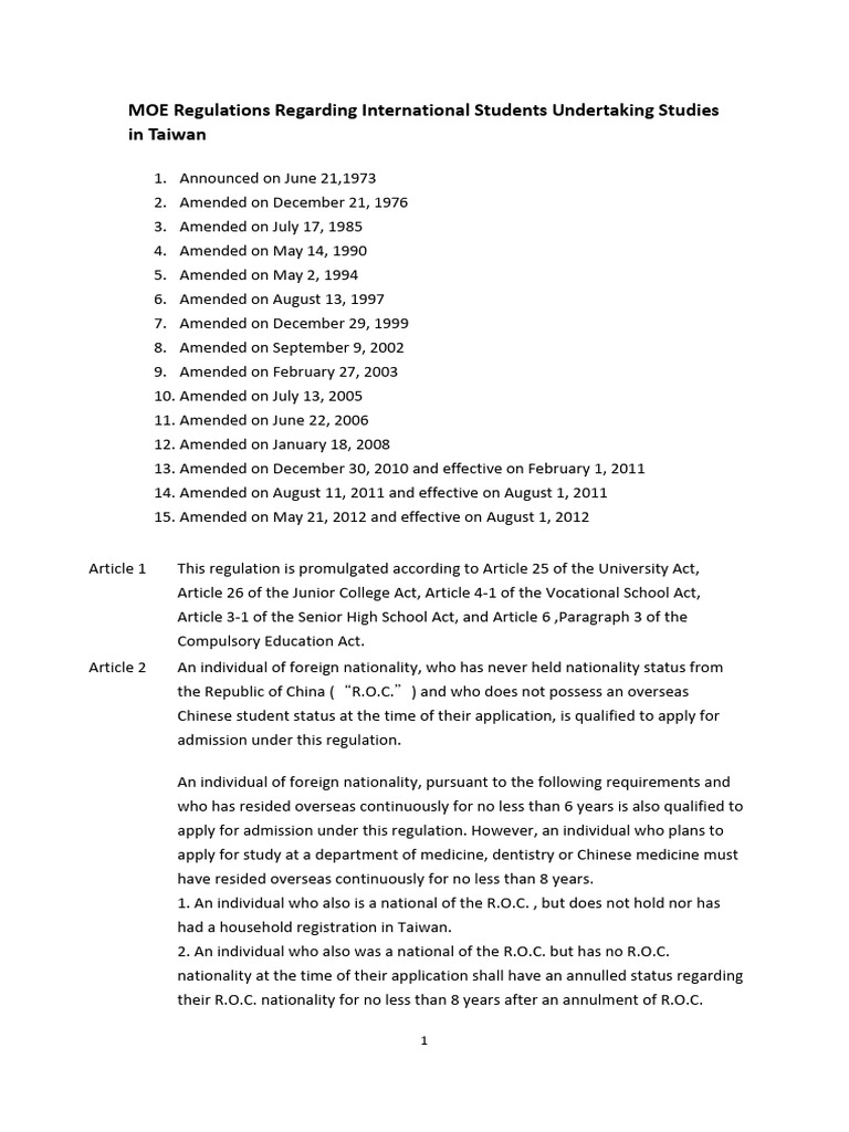 MOE Regulations Regarding International Students Undertaking Studies in ...