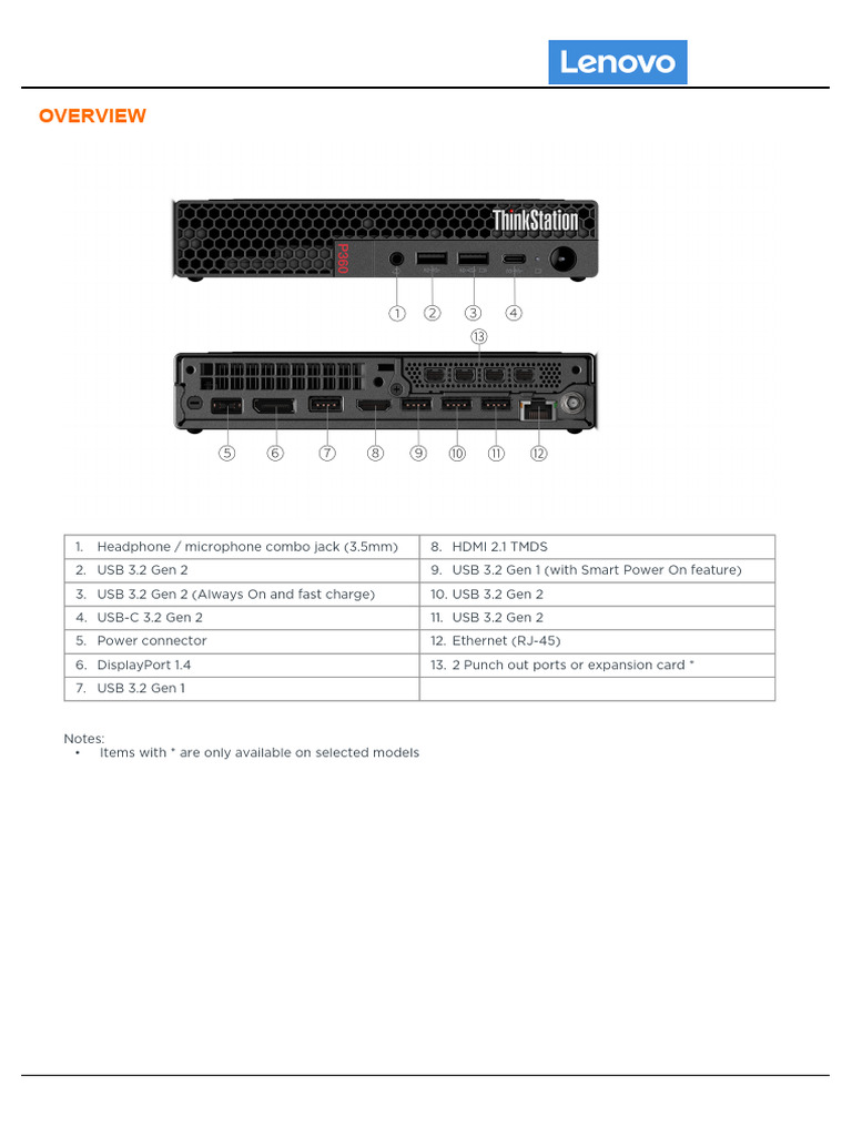 ThinkStation P360 Tiny Specs Overview | PDF | Usb | Computer Hardware