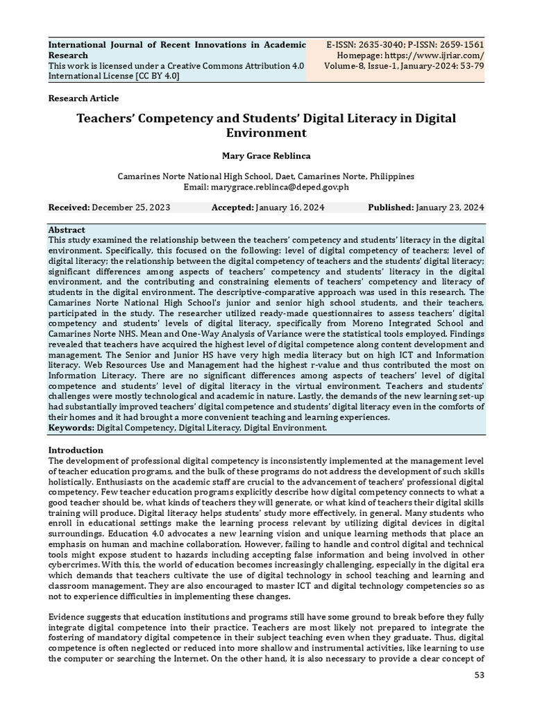 Teachers' Competency & Students' Digital Literacy | PDF | World Wide ...