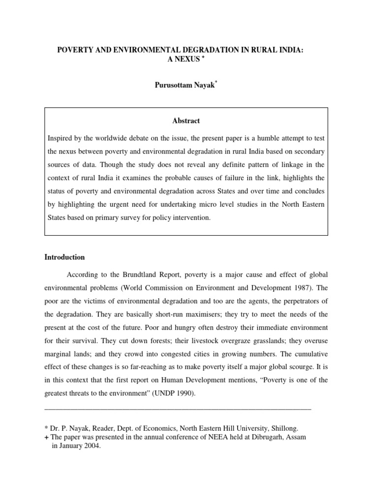 Poverty and Environmental Degradation in Rural India: A Nexus Purusottam Nayak | PDF ...