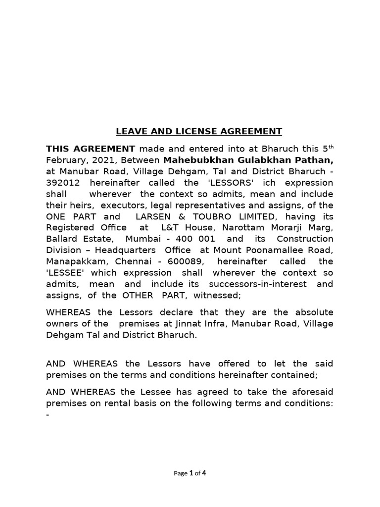 Leave and License Agreement Template | PDF | License | Lease