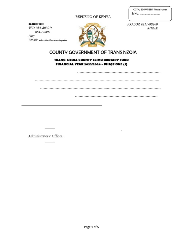 Trans Nzoia County Elimu Bursary Fund Application Form | PDF | Career ...