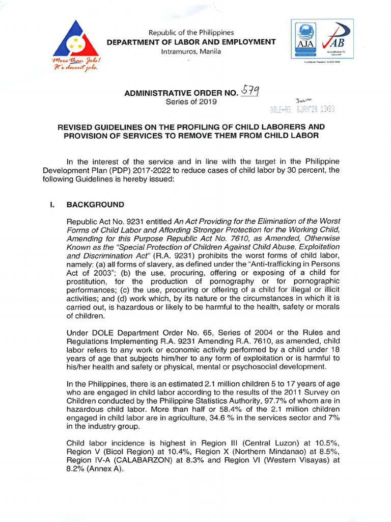 DOLE Administrative Order No. 579 Series of 2019 Min | PDF