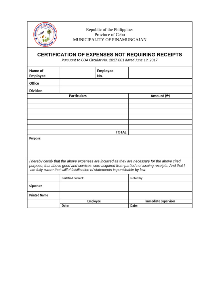 Certification of Expenses Without Receipts | PDF | Law