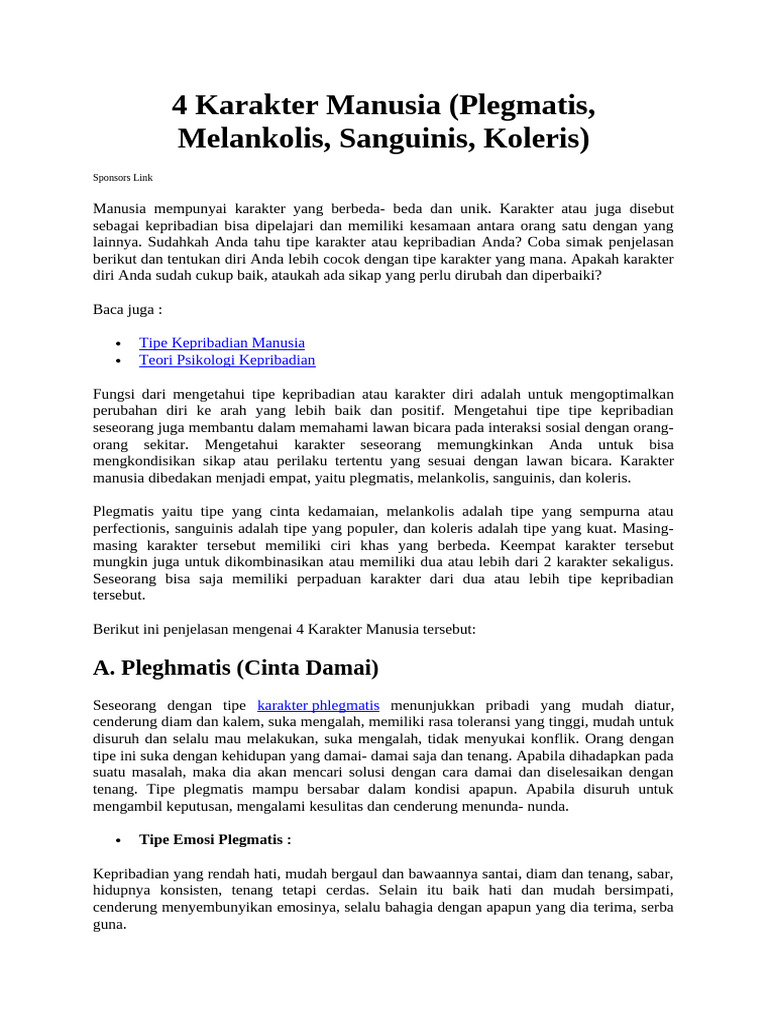 1.2 Karakter Manusia (Sanguin Koleris Plagmatis) | PDF