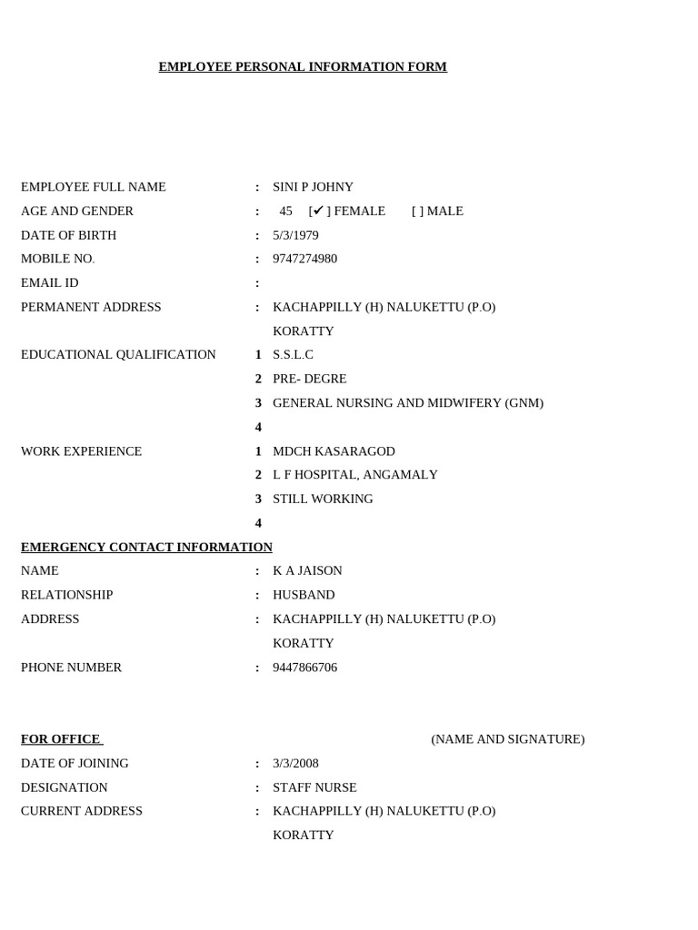 Employee Personal Information Form | PDF