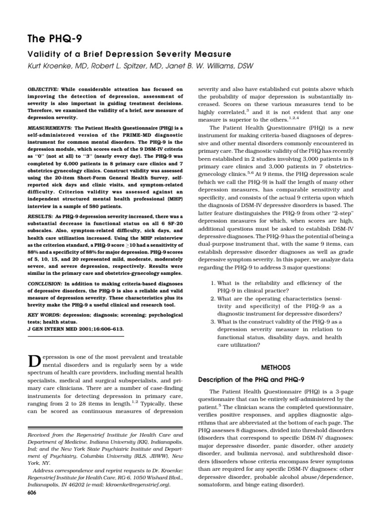 J General Internal Medicine - 2001 - Kroenke - The PHQ 9 | PDF | Mental ...