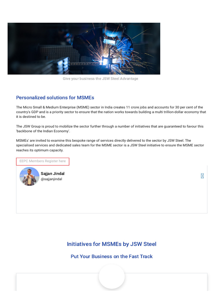 MSMEs - Initiatives by JSW Steel - JSW Steel For MSME | PDF