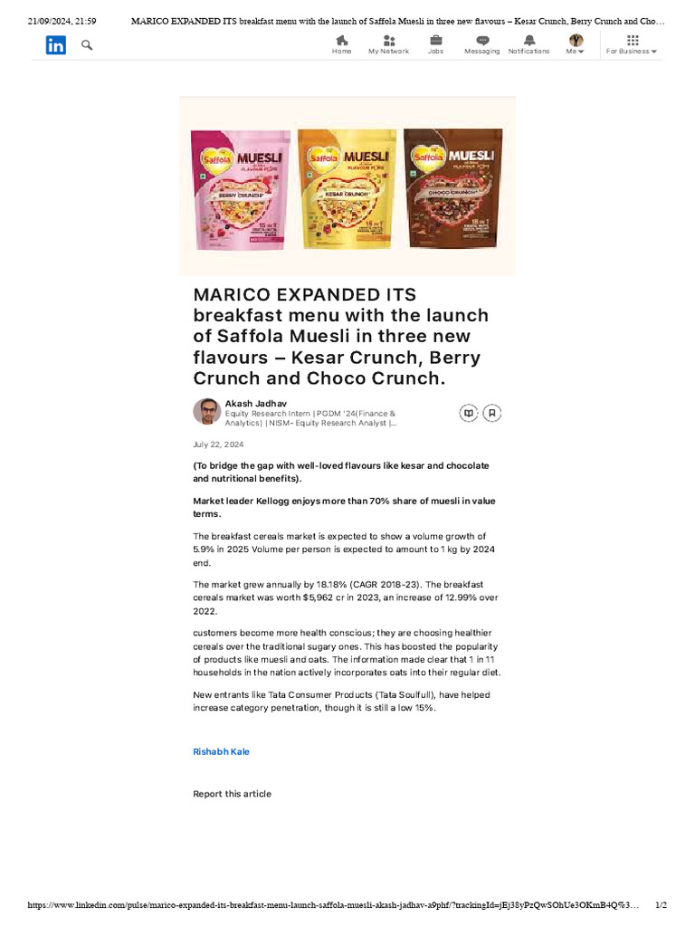 MARICO EXPANDED ITS Breakfast Menu With The Launch of Saffola Muesli in ...