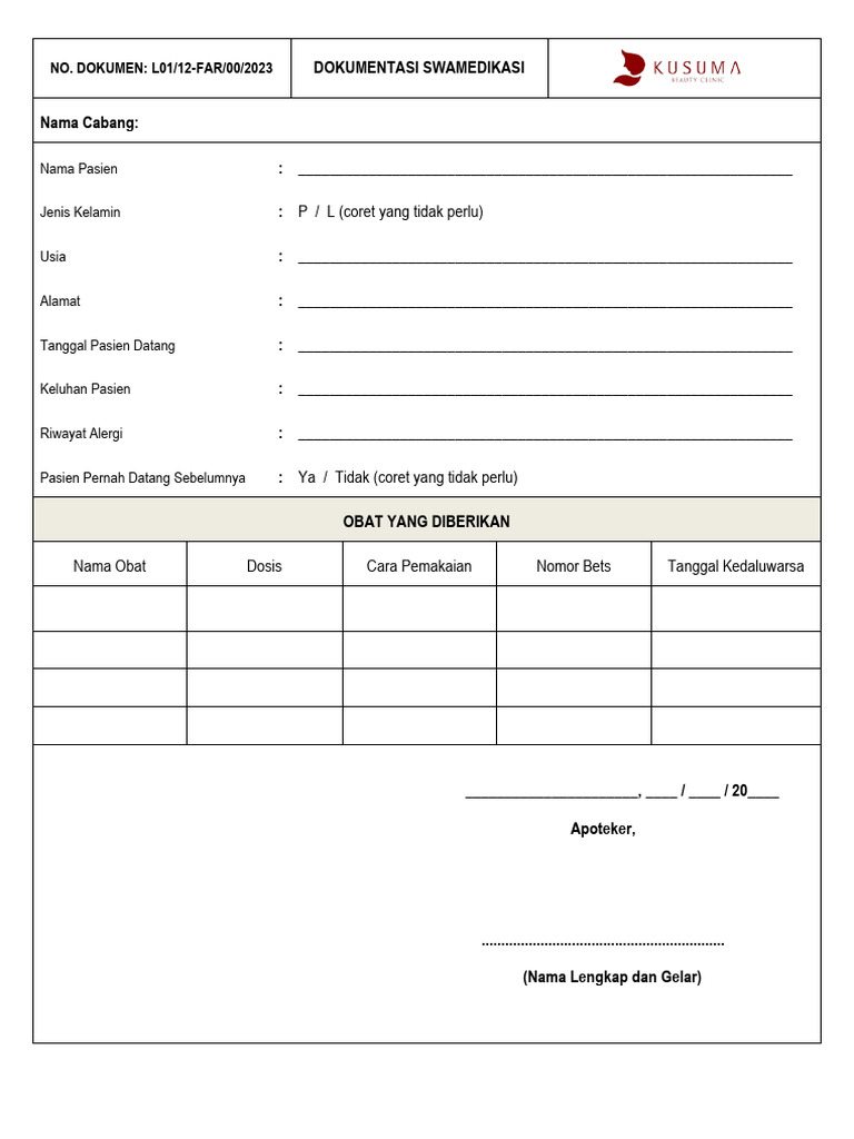 12.1.FAR.Format Formulir Dokumentasi Swamedikasi - Kusuma | PDF