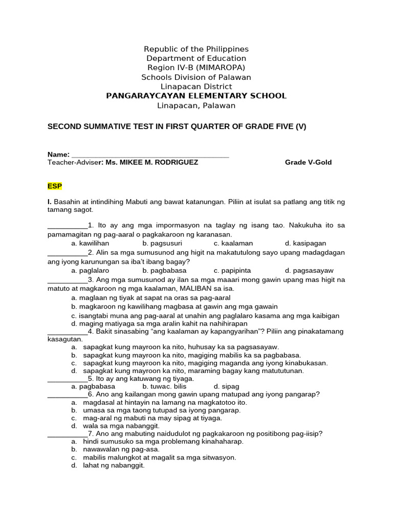 Grade 5 2nd Quarter PT | PDF