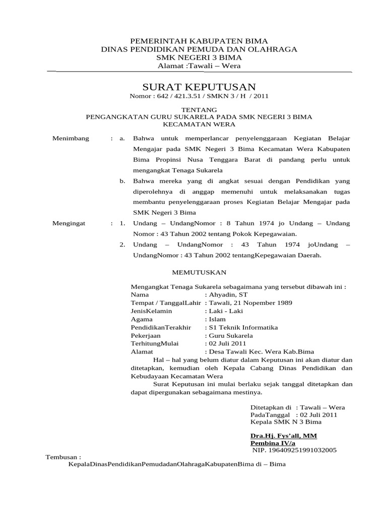 Sk. Pengangkatan Guru P3K Ahyar | PDF