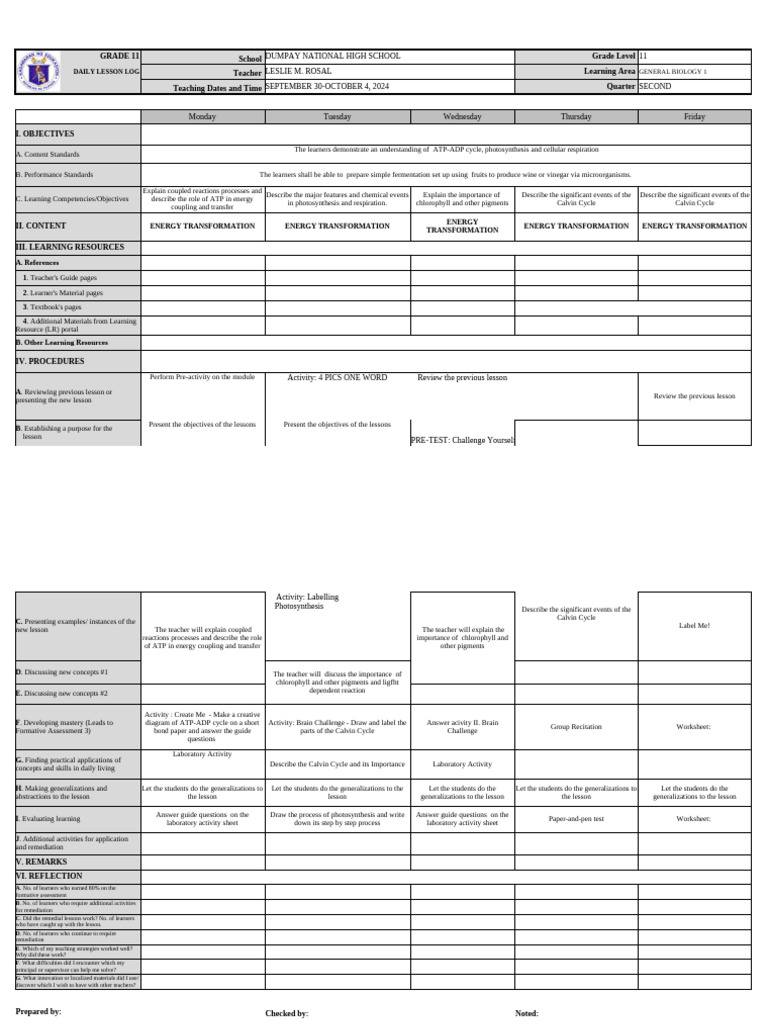 Grade 11 General Biology Lesson Plan | PDF | Photosynthesis | Cellular ...