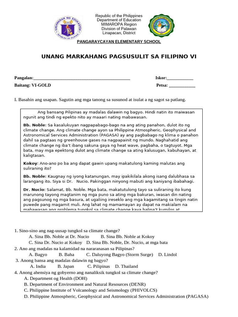 Grade 6 1st Quarter PT | PDF