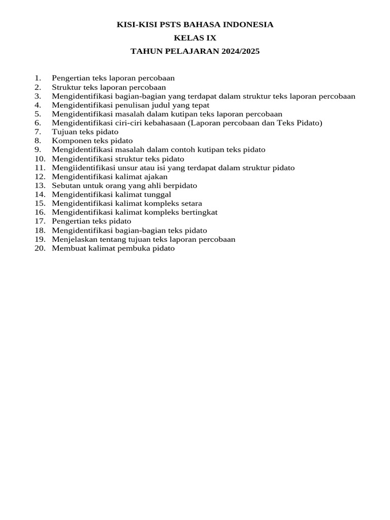 Kisi-Kisi B.indo Kelas 9 | PDF | Seni & Disiplin Bahasa